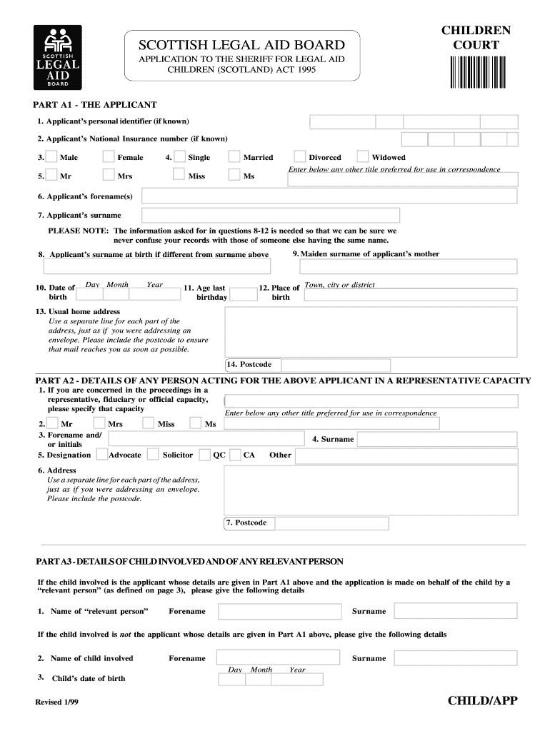 Fillable Online Application to the Sheriff for Legal Aid - Children ...
