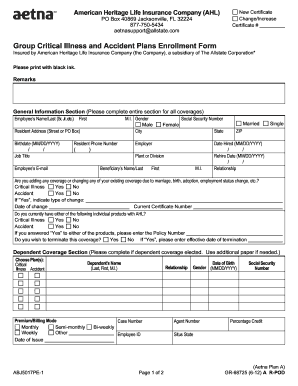 Fillable Online Critical Illness and Accident enrollment form - Aetna ...