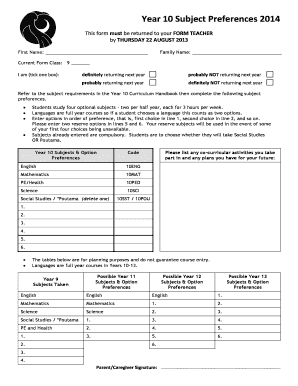 Fillable Online Year 10 Subject Selection Form - existing students Fax Email Print - pdfFiller