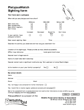 Fillable Online wildlife org Platypus sighting form - Wildlife ...