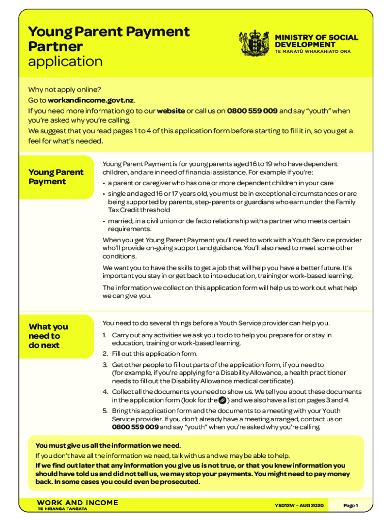 Fillable Online Young Parent Payment partner applicationYS012W ...