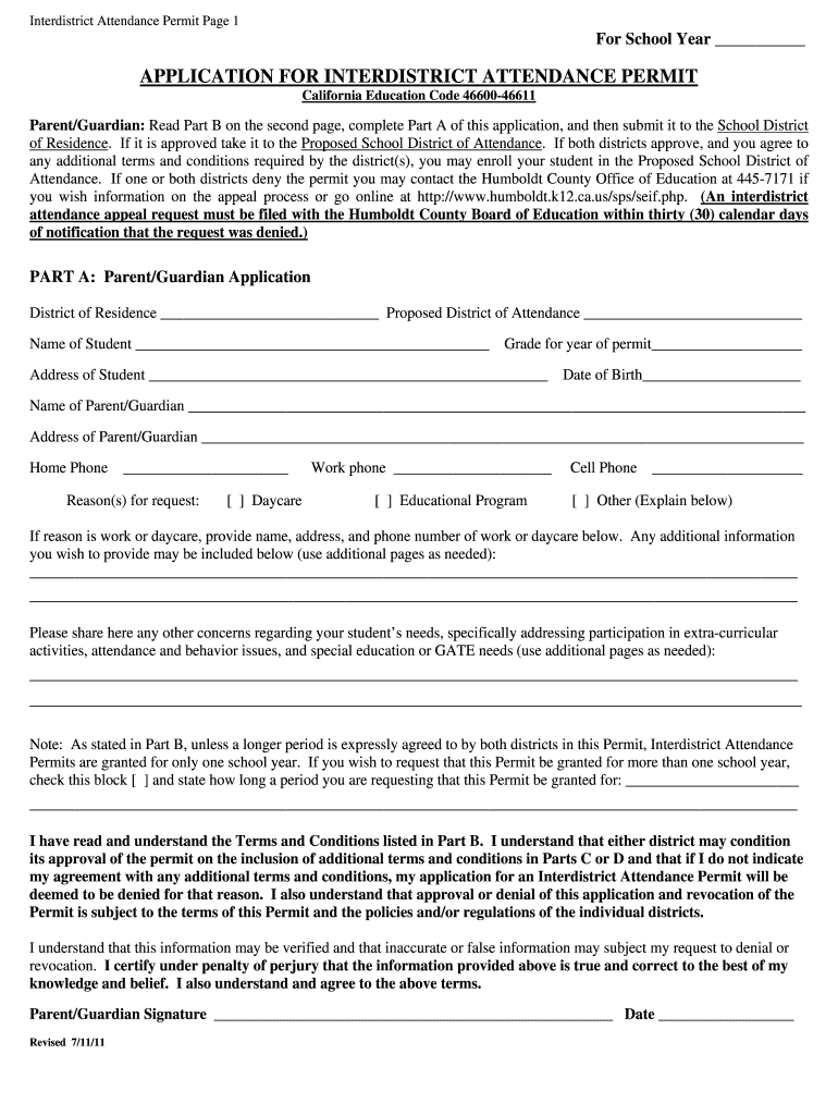 Fillable Online APPLICATION FOR INTERDISTRICT ATTENDANCE PERMIT Fax Email Print - pdfFiller