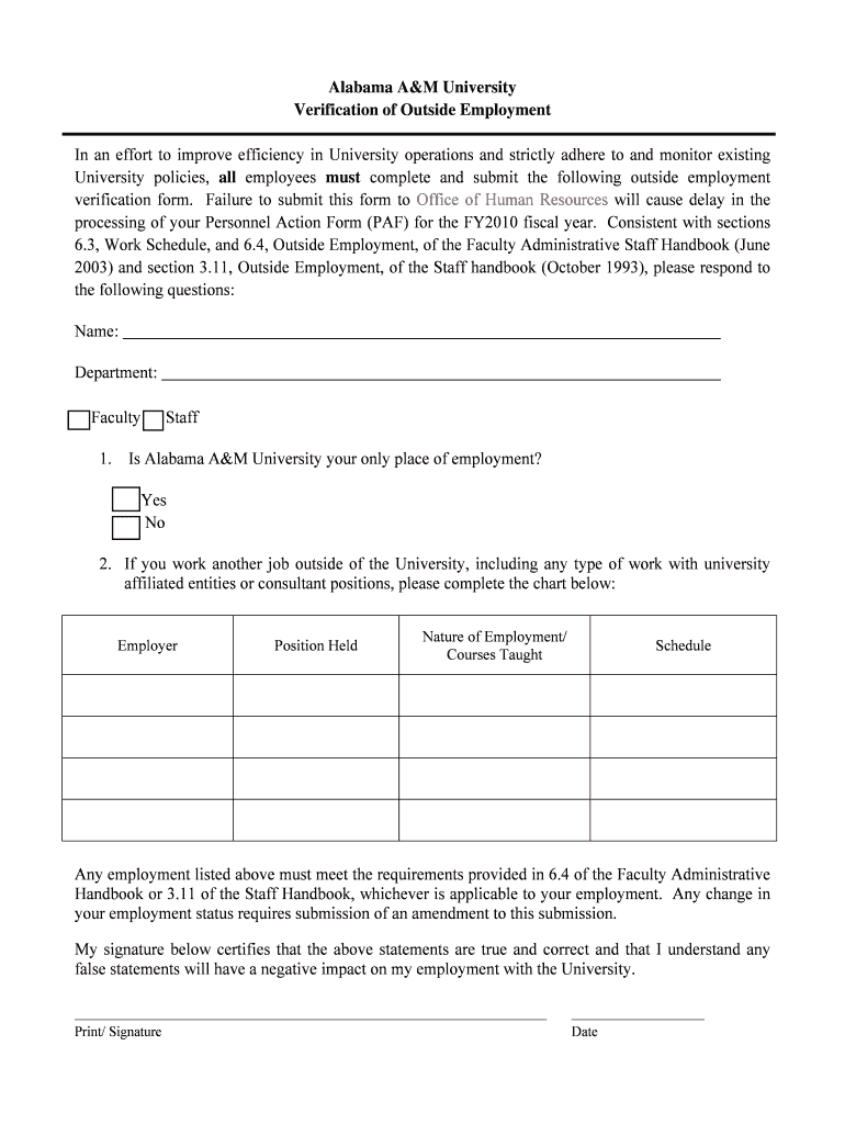 Fillable Online Verification of Outside Employment Form Fax Email Print ...
