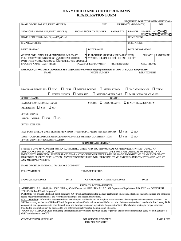 Fillable Online Navy Child and Youth Programs Registration Form Fax ...