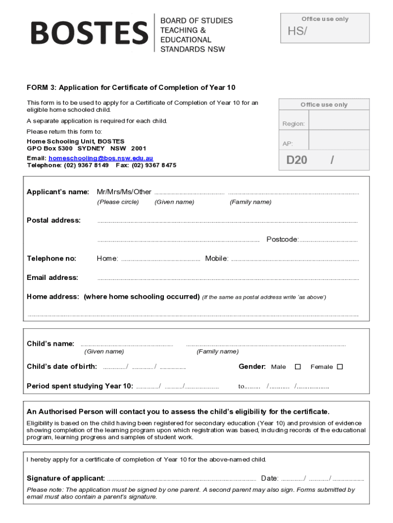 Fillable Online Application for Certificate of Completion of Year 10 Fax Email Print - pdfFiller