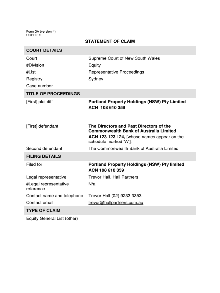 Fillable Online STATEMENT OF CLAIM COURT DETAILS Court Supreme Court of ...