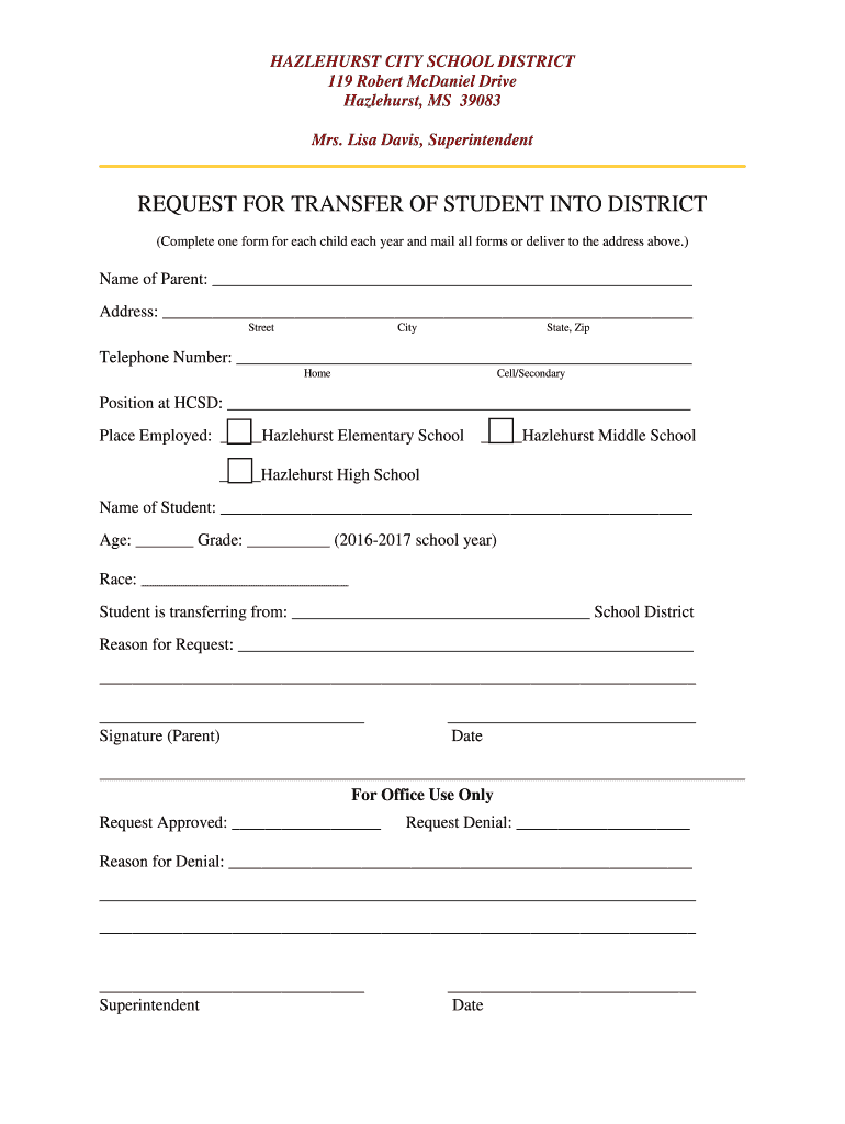 Fillable Online hazlehurst k12 ms REQUEST FOR TRANSFER OF STUDENT INTO ...