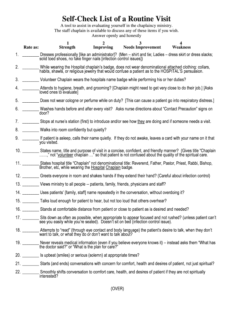 Fillable Online Self-Check List of a Routine Visit ...