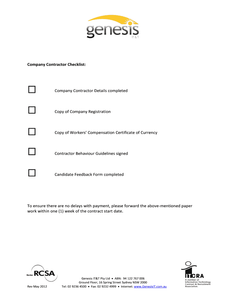 Fillable Online Company Contractor Checklist - Genesis Fax Email Print ...