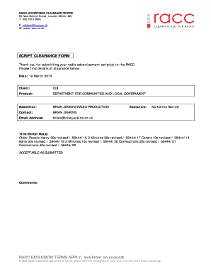 Fillable Online communication cabinetoffice gov SCRIPT CLEARANCE FORM ...