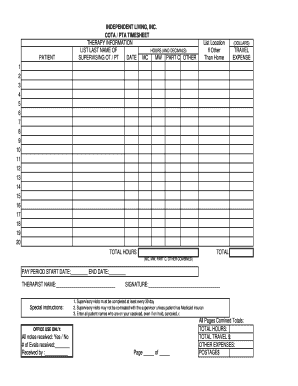 Fillable Online INDEPENDENT LIVING INC COTA PTA TIMESHEET THERAPY Fax ...