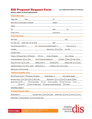 Fillable Online DIS Proposal Request Form - Disability Insurance ...