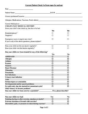 Fillable Online Current Patient Check Up Form ages 3yr and up Fax Email ...