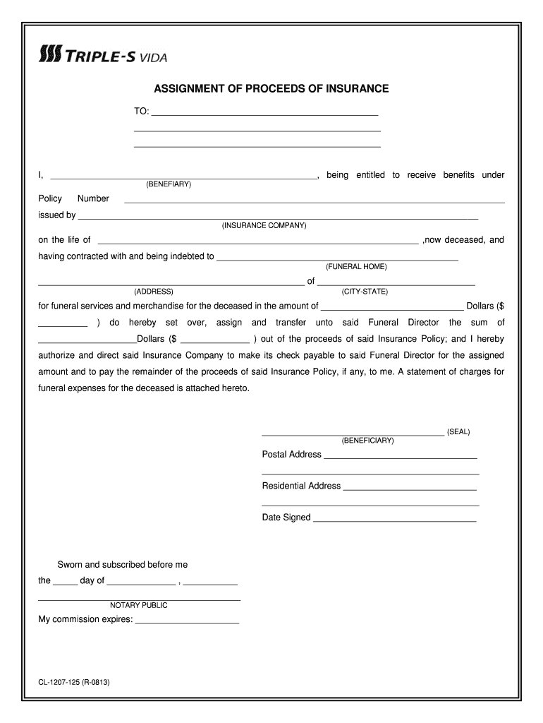 Assignment Of Proceeds Of Insurance - Triple-S Vida - Fill and Sign ...