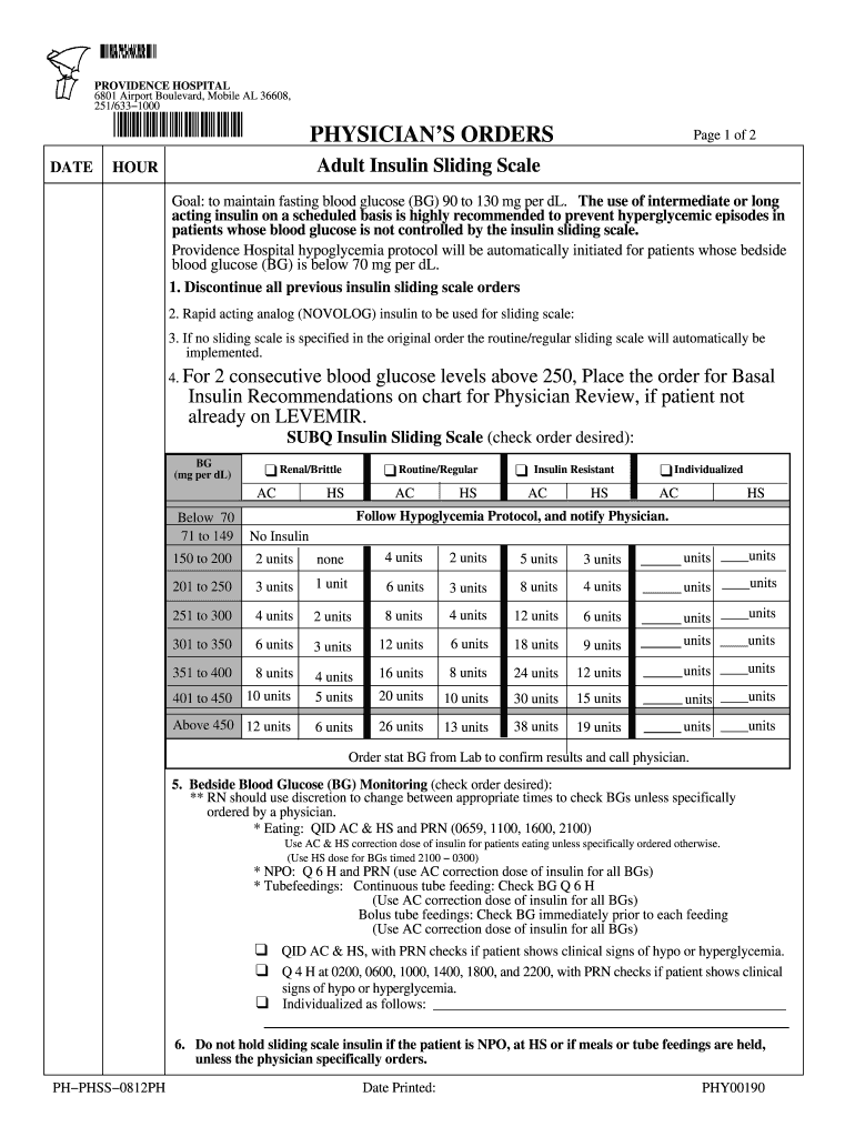 Fillable Online support providencehospital Adult Insulin Sliding Scale ...