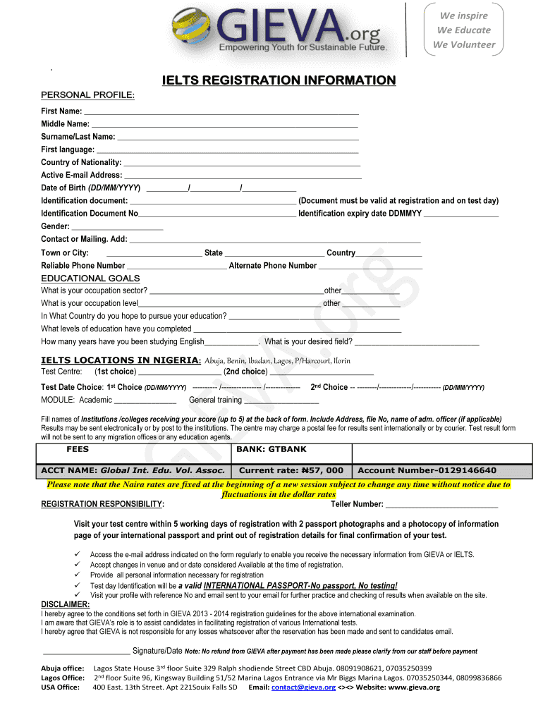 Fillable Online gieva Ielts registration form - gievaorg Fax Email ...
