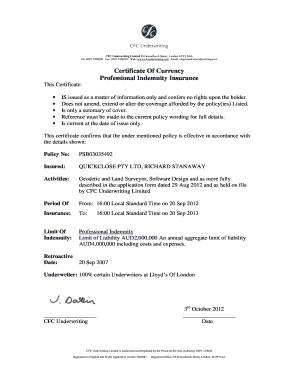 Fillable Online Certificate Of Currency Professional Indemnity ...