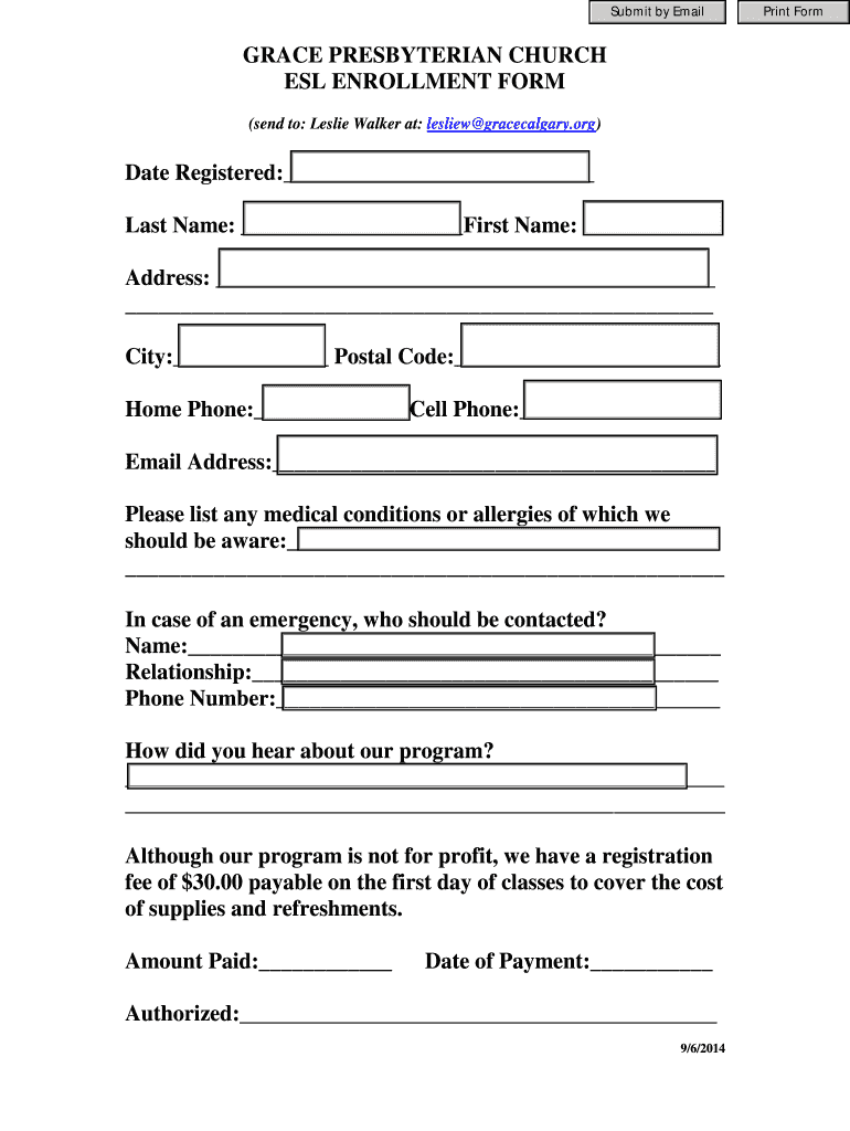 Fillable Online GRACE PRESBYTERIAN CHURCH ESL ENROLLMENT FORM Fax Email Print - pdfFiller