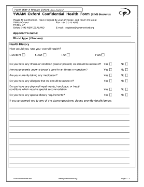 Fillable Online YWAM Oxford Confidential Health Form CfMS Students Fax Email Print - pdfFiller