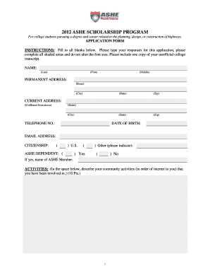 Fillable Online sonoran ashe 2012 ASHE Scholarship Program Application ...