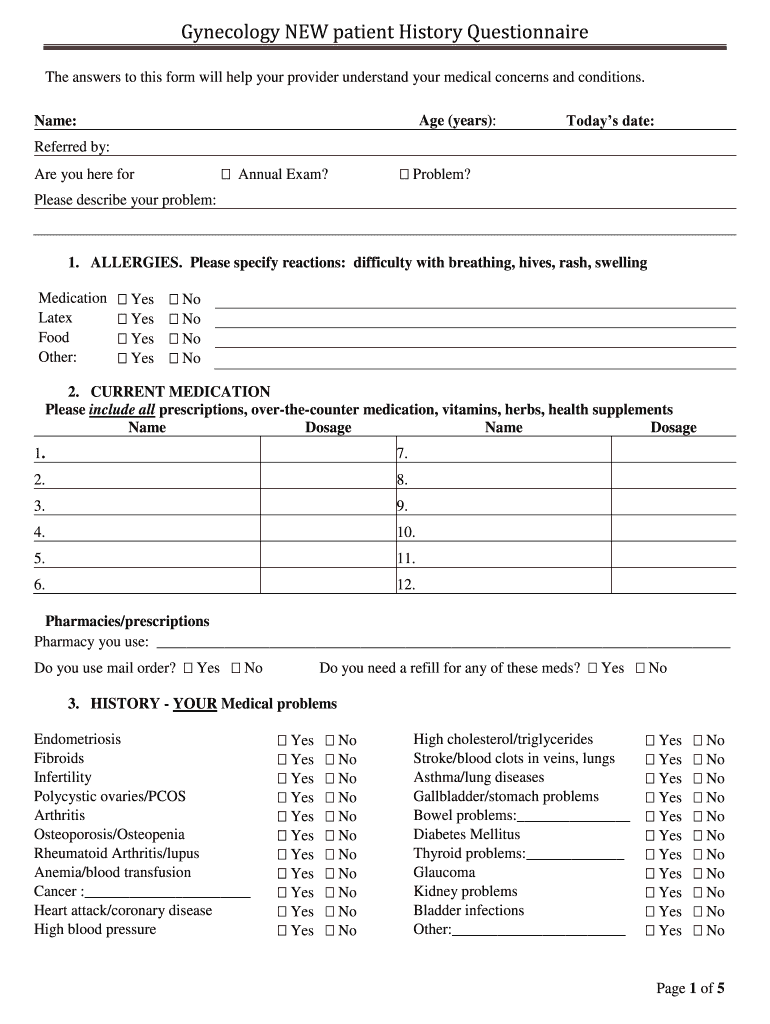 Fillable Online History Questionnaire Gynecology patients NEW to the ...