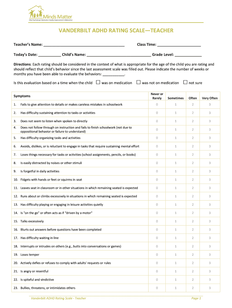 Fillable Online ohiomindsmatter VANDERBILT ADHD RATING SCALE TEACHER ...