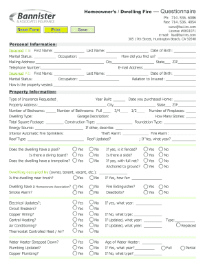 Fillable Online Homeowners Dwelling Fire Questionnaire amp ASSOCIATES ...