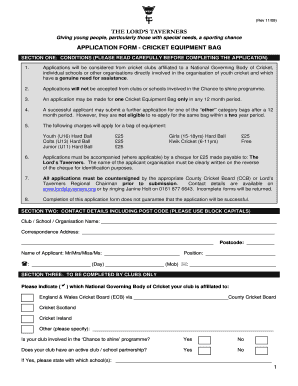 Fillable Online APPLICATION FORM - CRICKET EQUIPMENT BAG Fax Email ...
