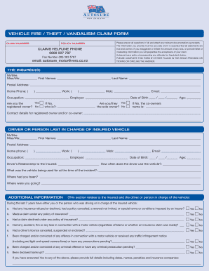 Fillable Online VEHICLE FIRE THEFT VANDALISM CLAIM FORM Fax Email Print ...