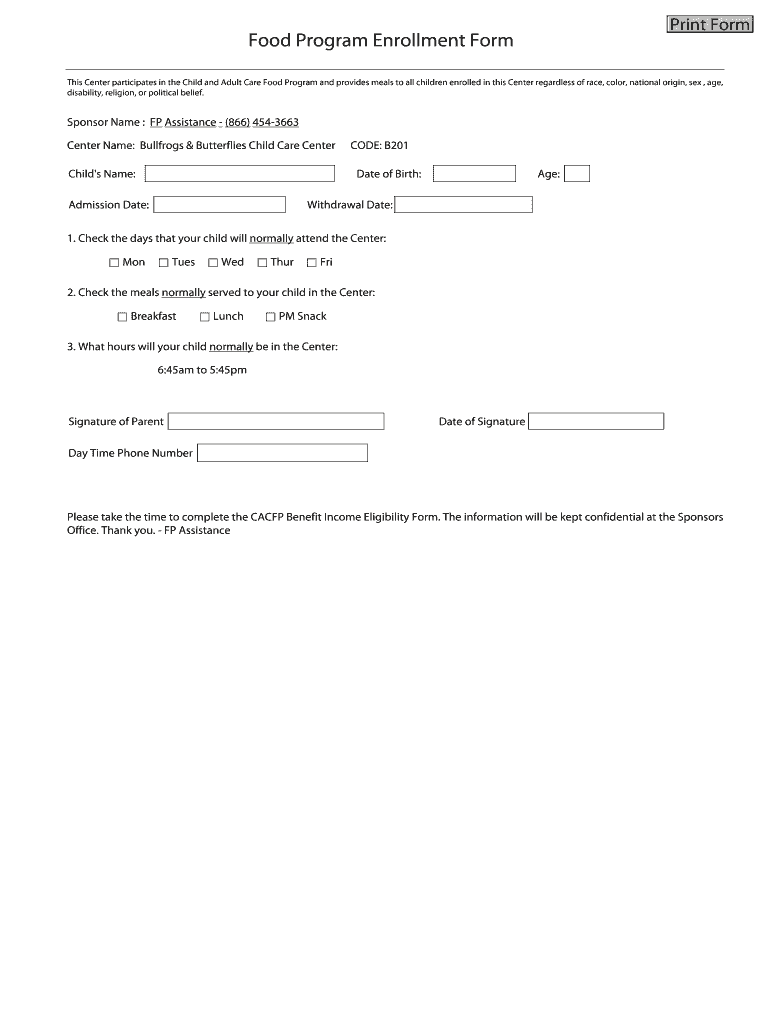 Fillable Online Food Program Enrollment Form - Bullfrogs and ...