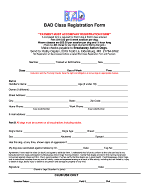 Fillable Online actiondogs BAD Class Registration Form - Action Dogs ...