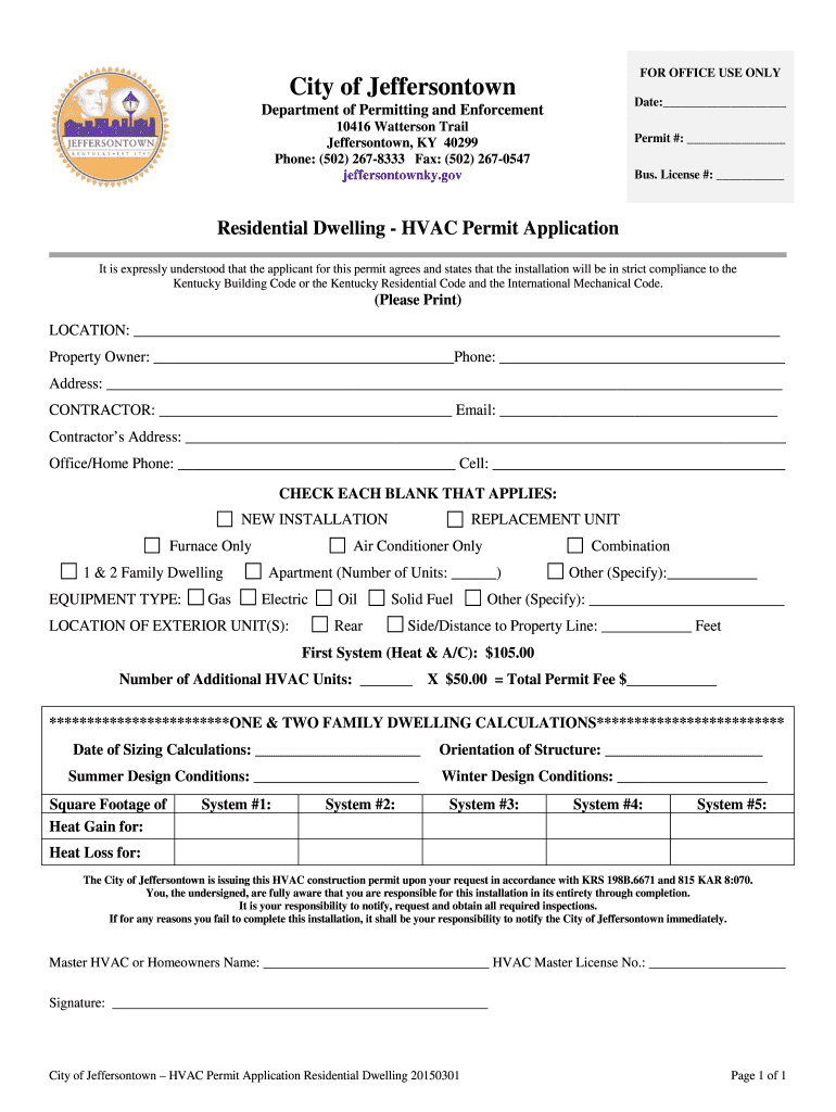 Fillable Online Residential Dwelling - HVAC Permit Application Fax ...