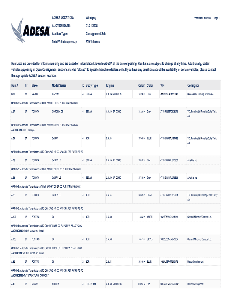 Fillable Online ADESA LOCATION: Fax Email Print - pdfFiller