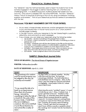 Fillable Online DIALECTICAL JOURNAL ENTRIES Fax Email Print - pdfFiller