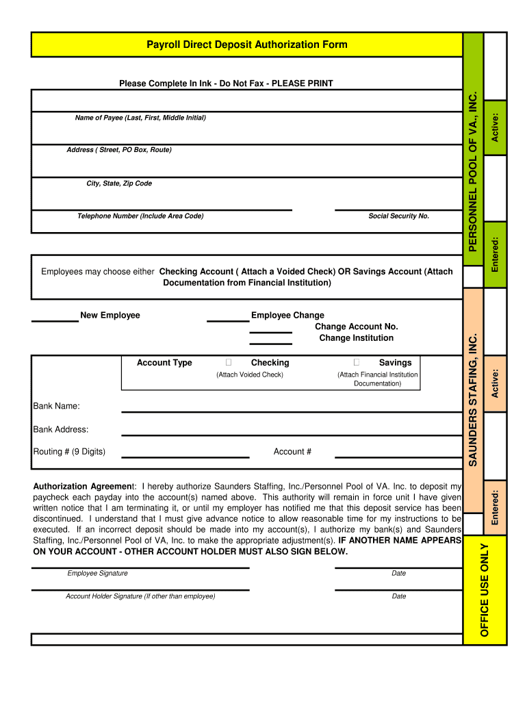 Fillable Online saundersstaffing Payroll Direct Deposit Authorization Form - Saunders Staffing ...