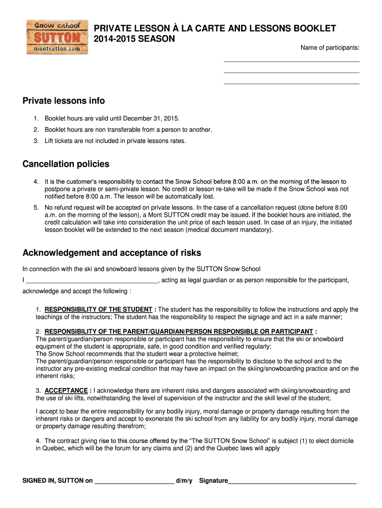 Fillable Online PRIVATE LESSON LA CARTE AND LESSONS BOOKLET 2014-2015 ...