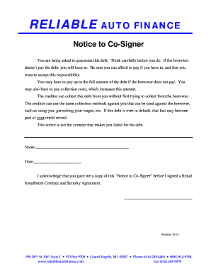 Fillable Online Notice to Co-Signer 1 - Reliable Auto Finance Fax Email ...