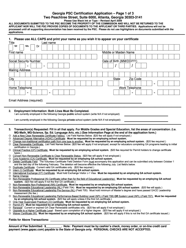 Fillable Online jasperga schooldesk Georgia PSC Certification Application - SchoolDesk ...