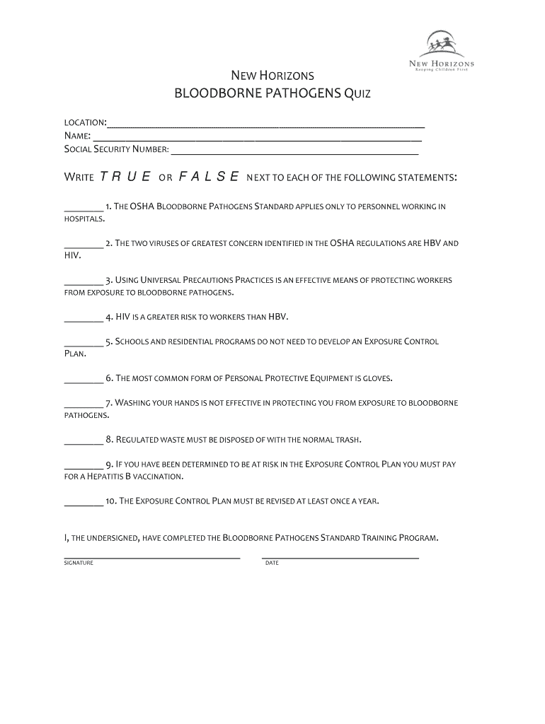 Fillable Online BLOODBORNE PATHOGENS QUIZ - New Horizons Fax Email ...