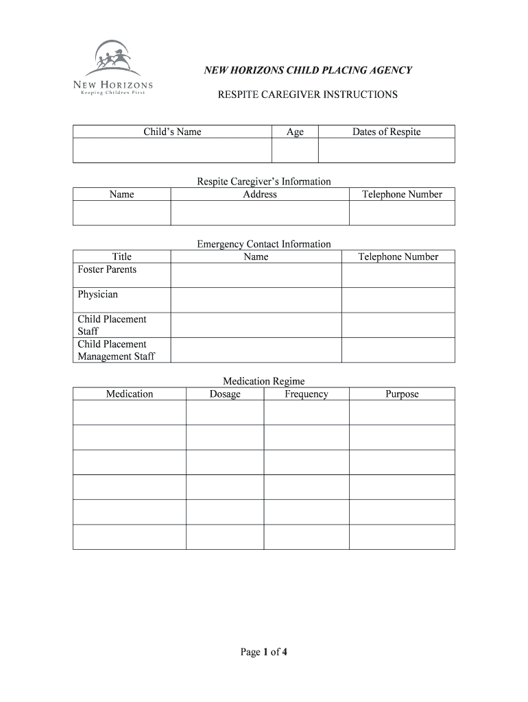 Fillable Online Respite Caregiver Instructions - New Horizons Fax Email ...