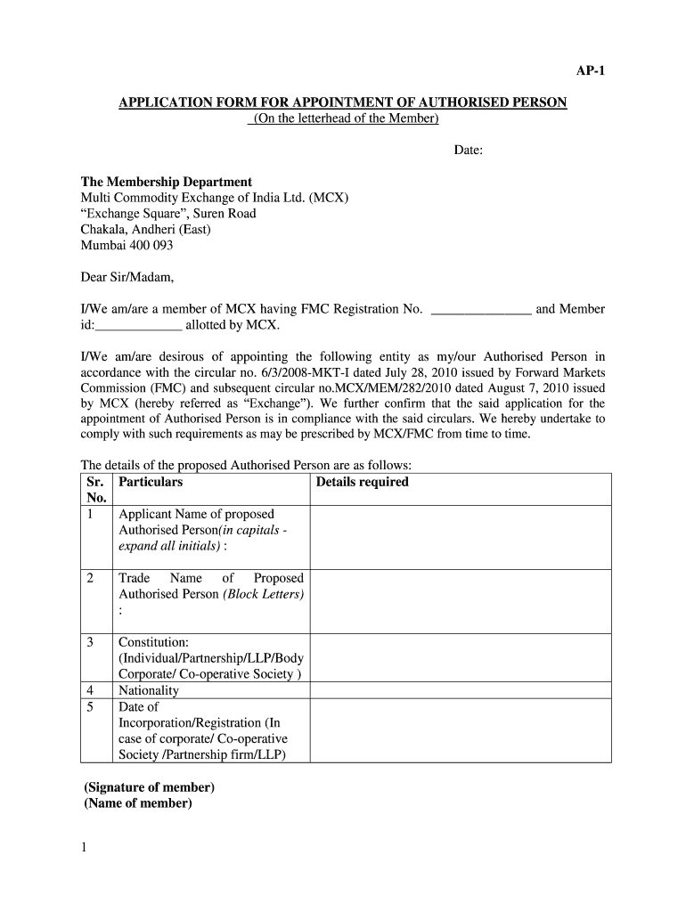 Fillable Online AP-1 APPLICATION FORM FOR APPOINTMENT OF AUTHORISED ...