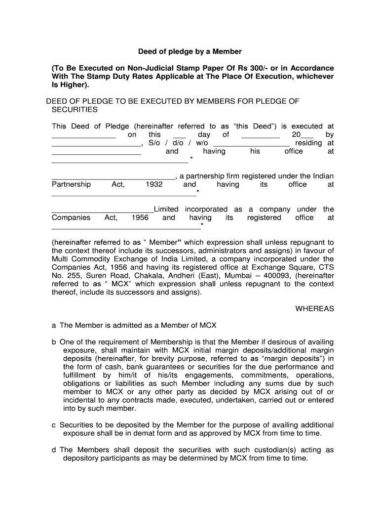 Fillable Online Deed of pledge by a Member To Be Executed on Non ...