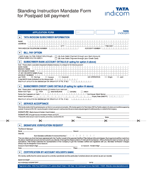 Fillable Online Standing Instruction Mandate Form for Postpaid bill ...