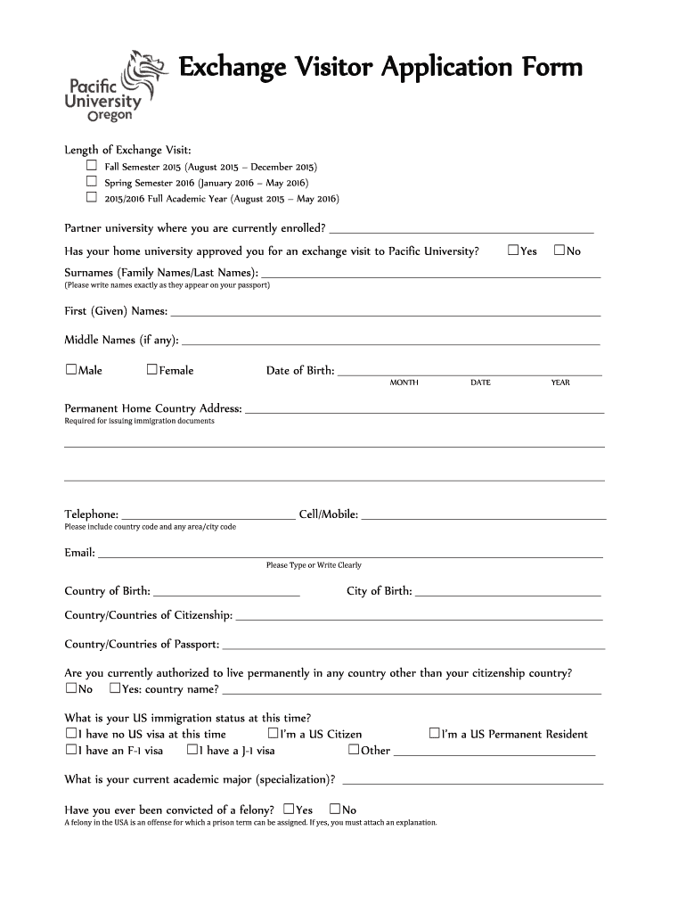 Fillable Online pacificu Exchange Visitor Application bFormb - Pacific University Fax Email ...