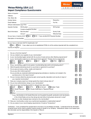 Fillable Online Weiss-Rhlig USA LLC Import Compliance Questionnaire Fax ...