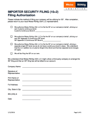 Fillable Online IMPORTER SECURITY FILING 102 Filing Authorization Fax ...