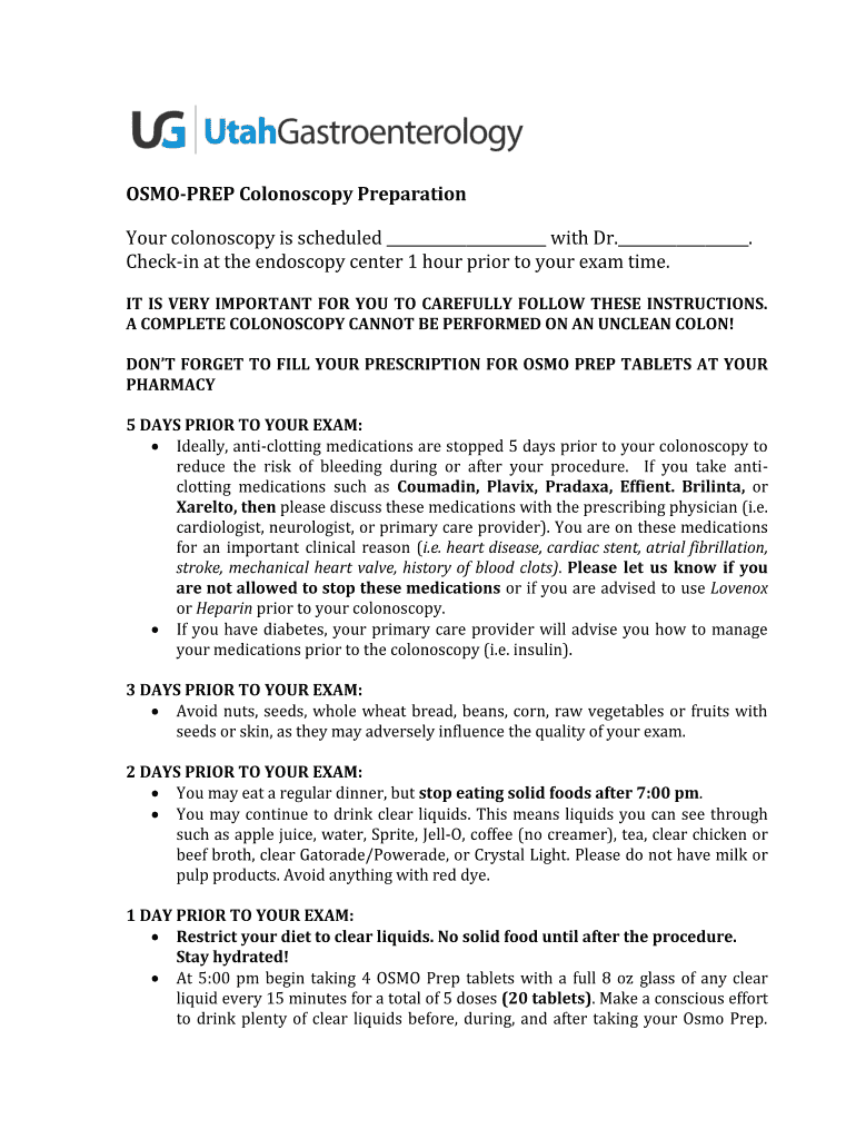 Fillable Online OSMO-PREP Colonoscopy Preparation Your colonoscopy is ...
