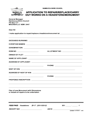 Fillable Online Application to Repair or Carry out Works on a Headstone ...