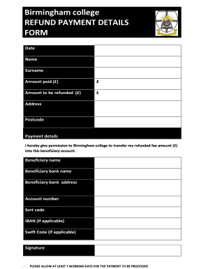 Fillable Online Birmingham college REFUND PAYMENT DETAILS FORM Fax ...