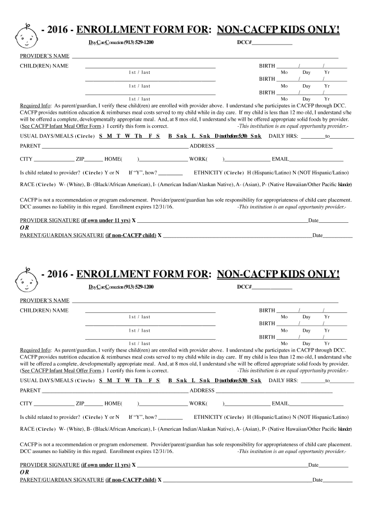 Fillable Online daycareconnection - 2016 - ENROLLMENT FORM FOR NON ...